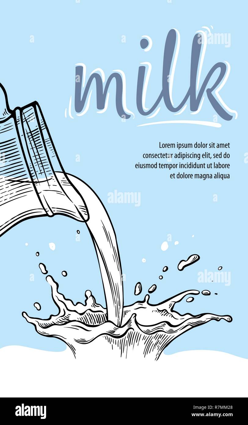Sketch hand drawn poster milk splash from glass jug vector illustration ...