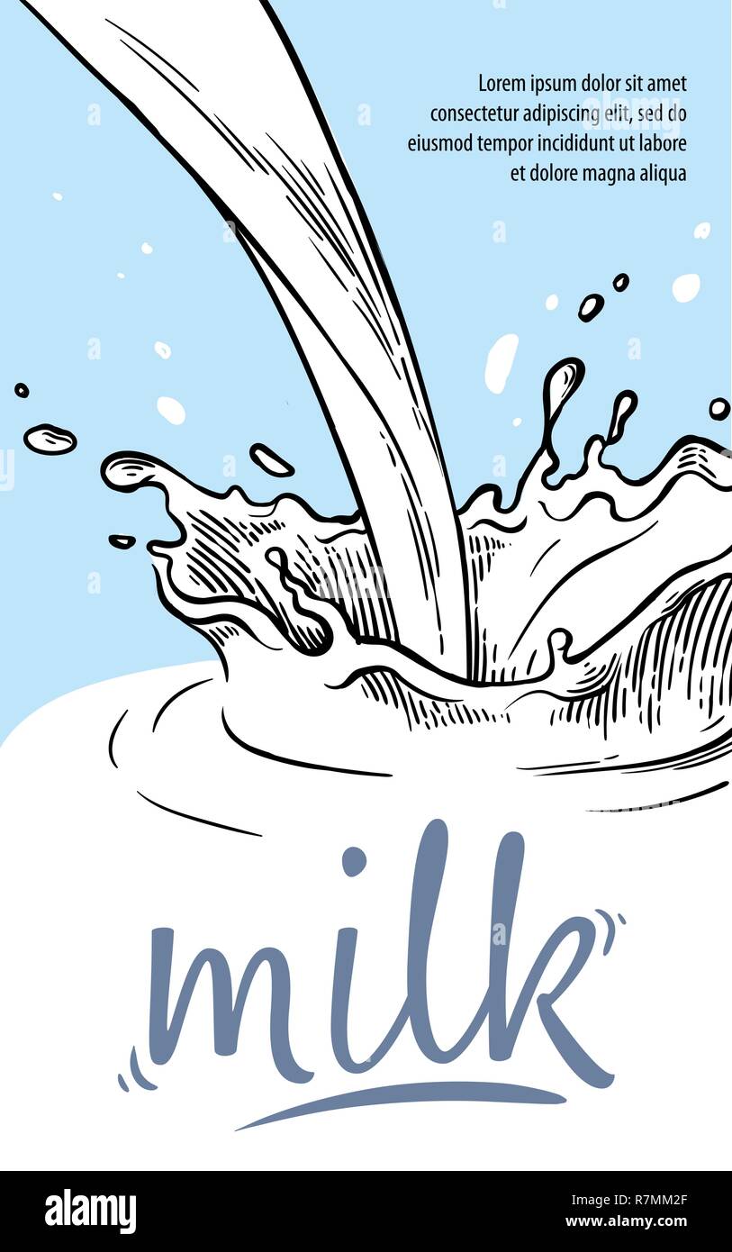 Sketch hand drawn poster milk splash from glass jug vector illustration ...
