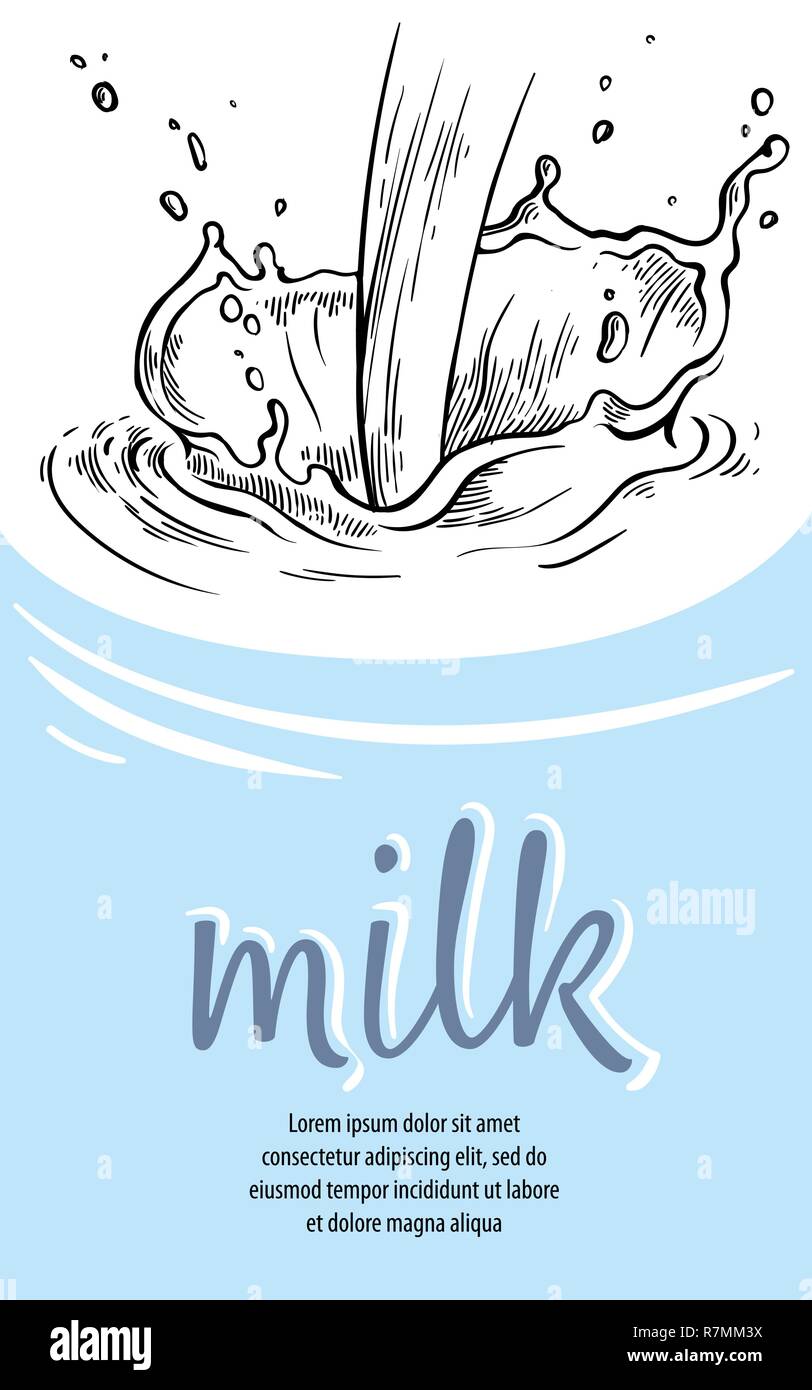 Sketch hand drawn poster milk splash from glass jug vector illustration ...
