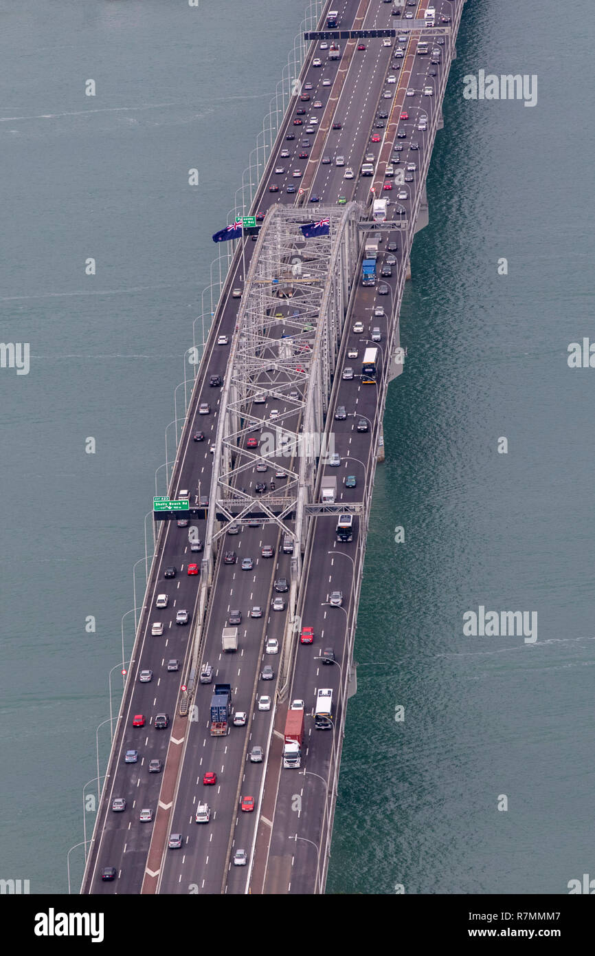 Aerial cityscape overviews of Auckland City, CBD, bridge, Waitemata ...