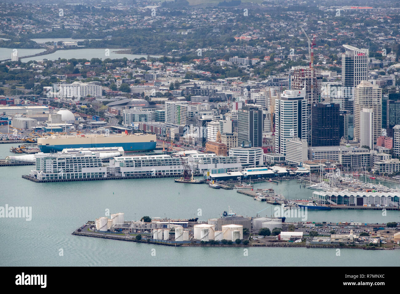 Aerial cityscape overviews of Auckland City, CBD, bridge, Waitemata ...