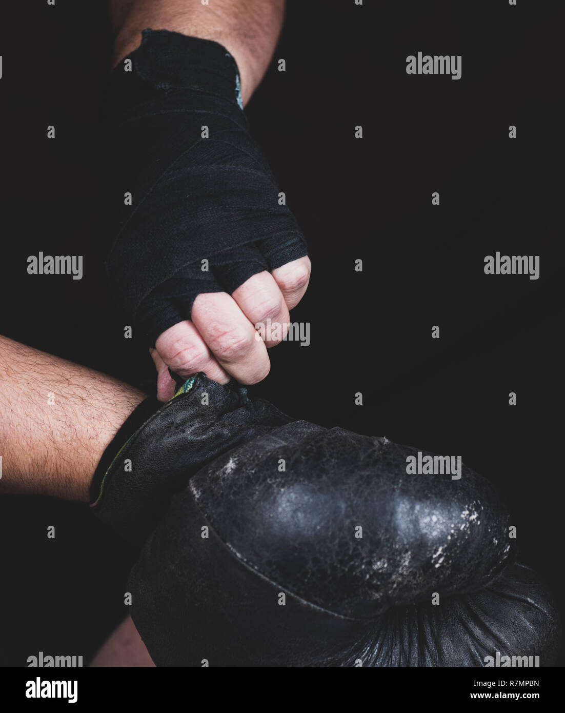 athlete puts on black leather boxing gloves before a fight, selective ...