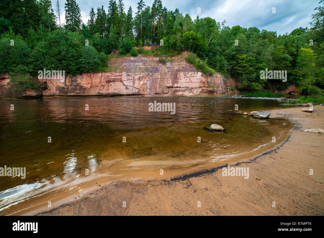 beautiful sandstone cliffs on the shores of river Amata in Latvia, fast ...