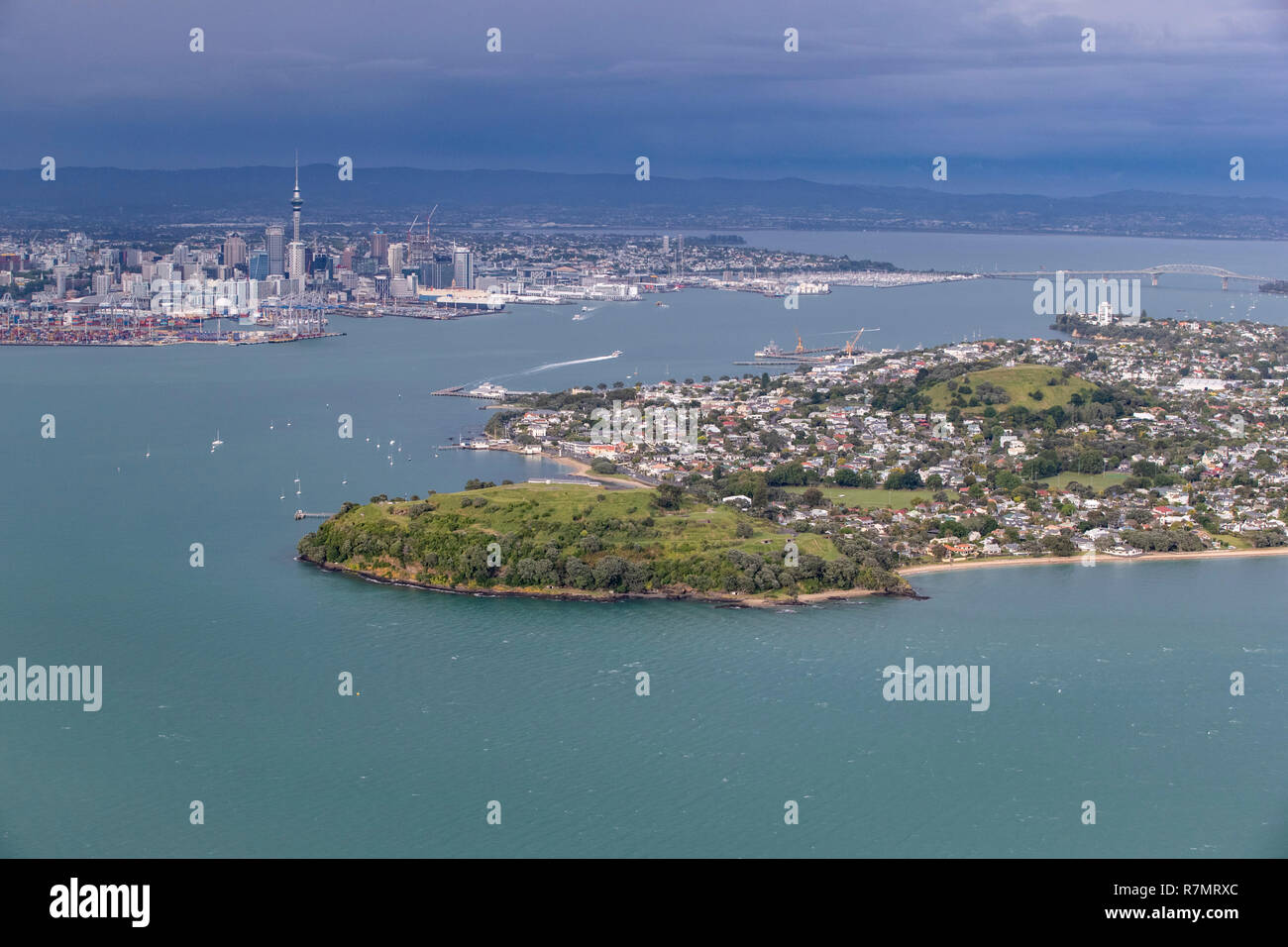 Aerial cityscape overviews of Auckland City, CBD, bridge, Waitemata ...