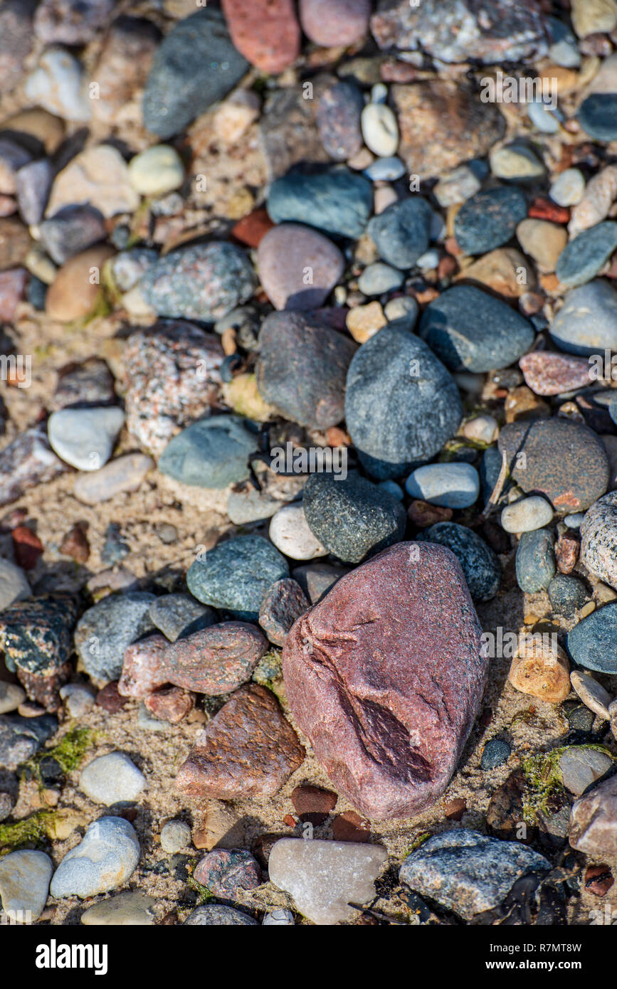 rock covered beach in countryside in Latvia, large rocks in water with ...