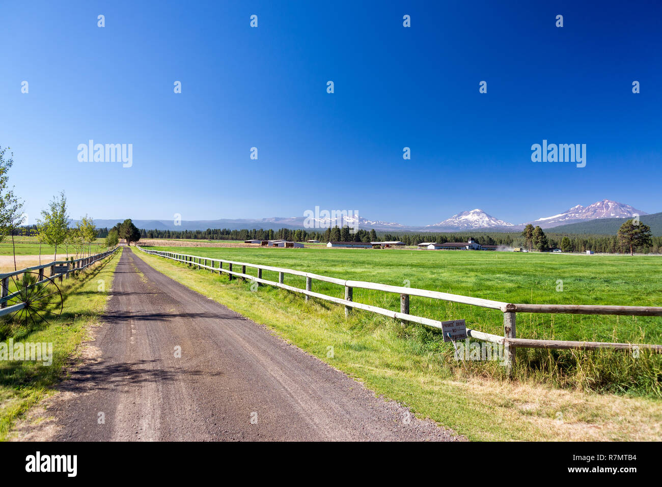 View of a ranch and the Three Sisters Mountains near Bend, Oregon Stock ...