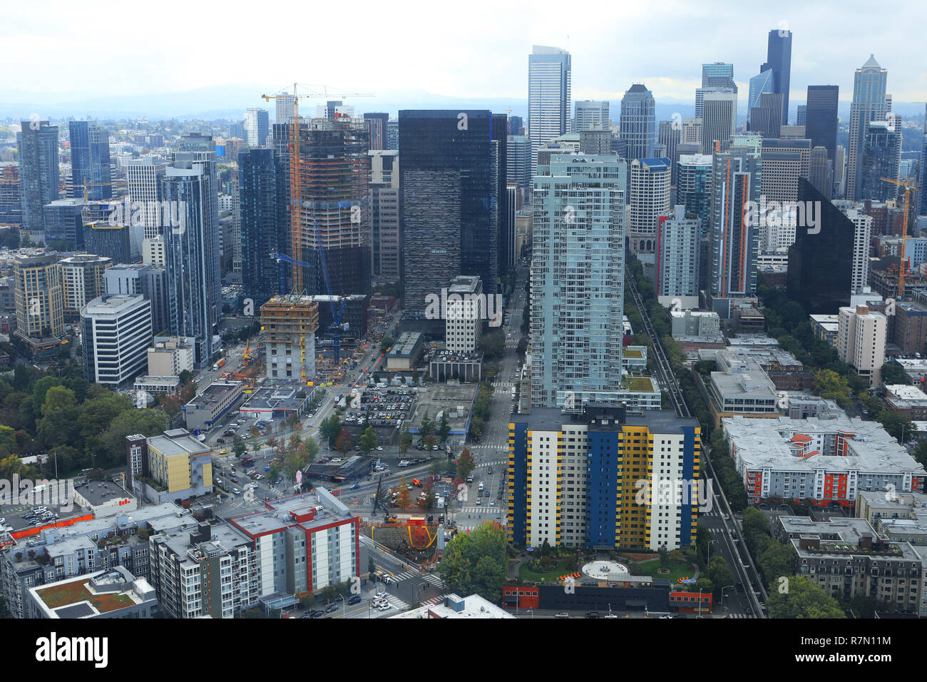 An aerial of the Seattle, Washington skyline Stock Photo - Alamy