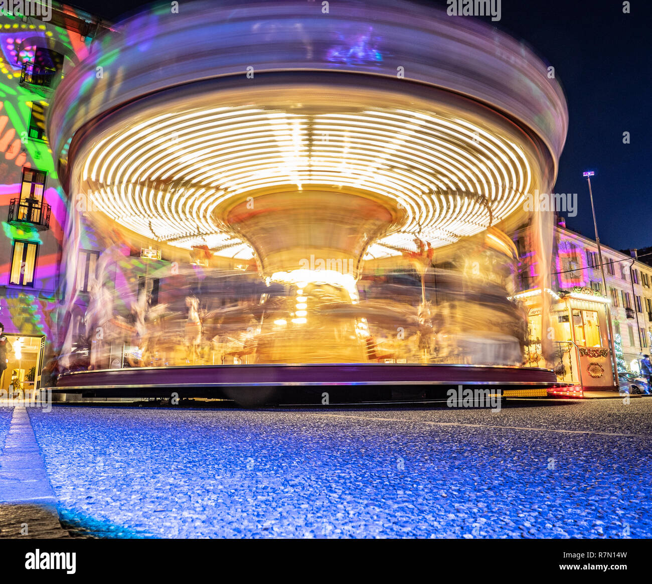 vintage carousel in a square in Christmas time Stock Photo - Alamy