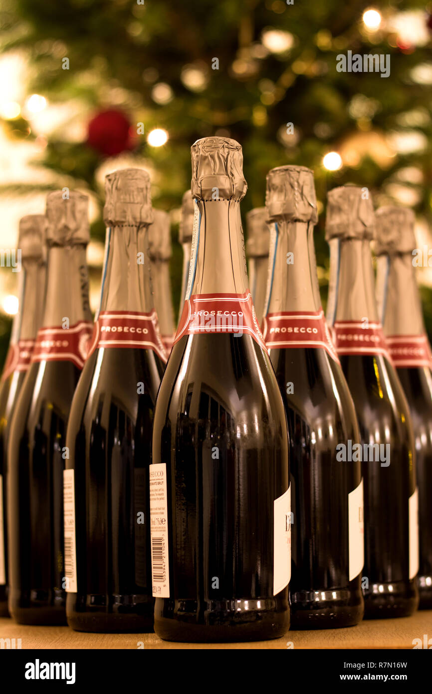 Prosecco bottles in front of Christmas tree decorated with lights Stock ...