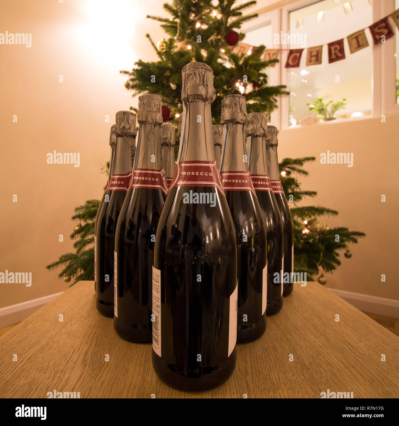 Prosecco bottles in front of Christmas tree decorated with lights Stock ...
