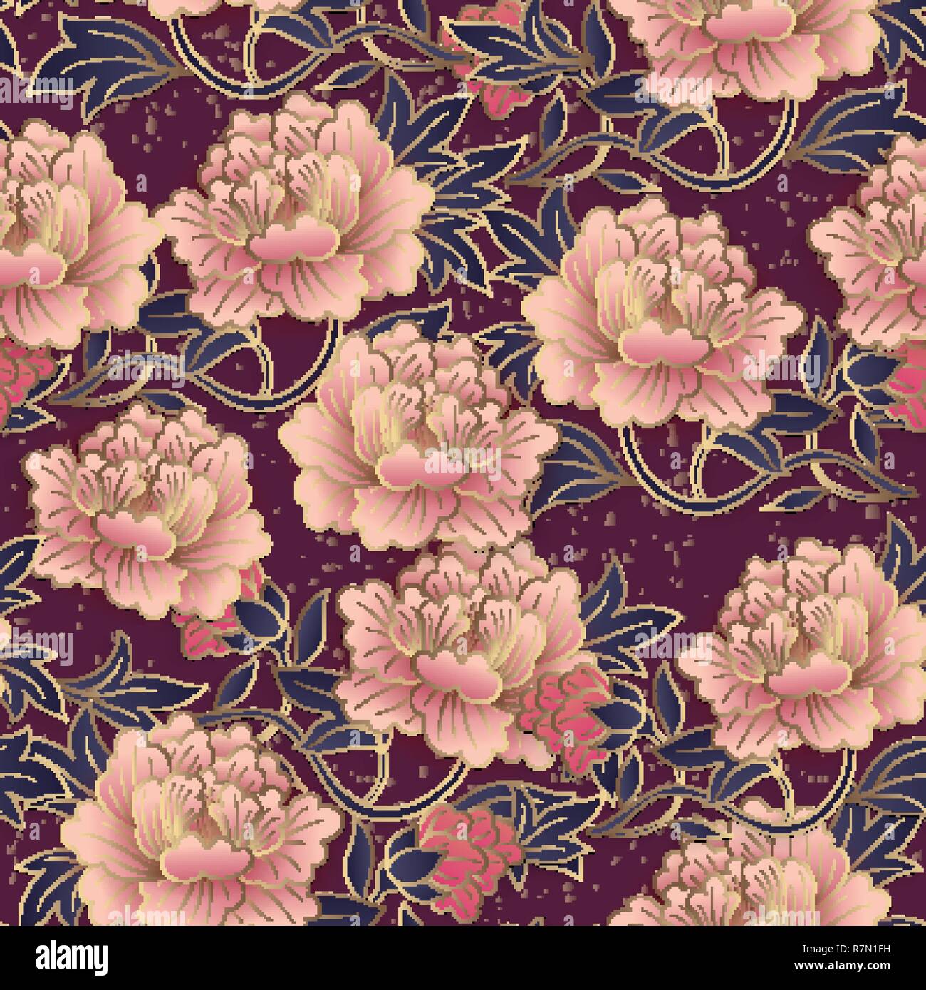 Chinese elegant botanic garden pink purple peony flower seamless ...