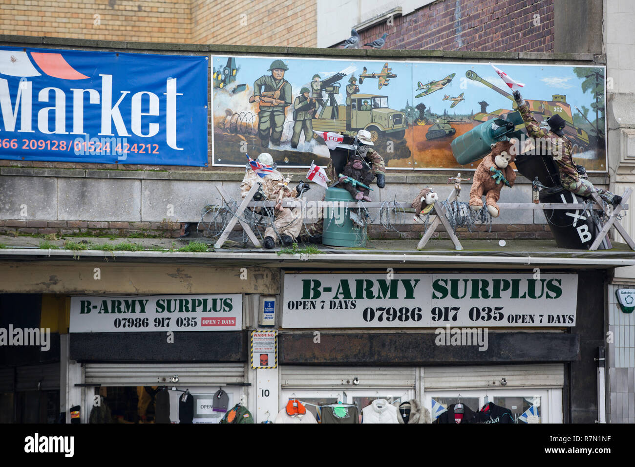 An army surplus store on the sea front in Morecambe, Lancashire, UK ...