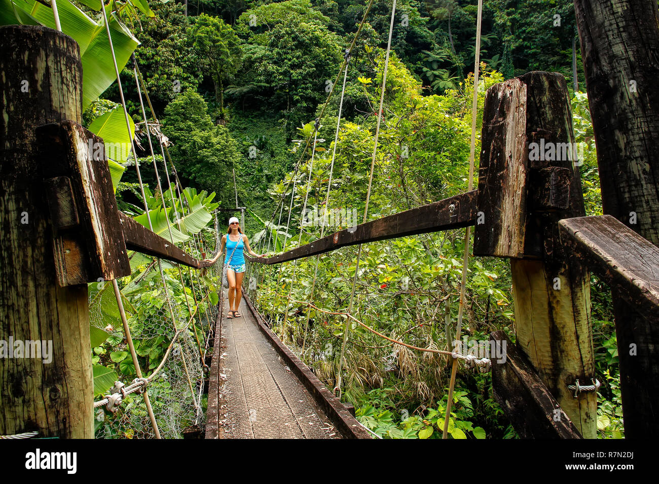 Young woman walking on suspension bridge over Wainibau stream, Lavena ...
