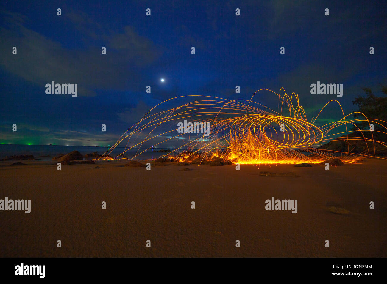 cool burning steel wool art fire work photo experiments on the beach at ...