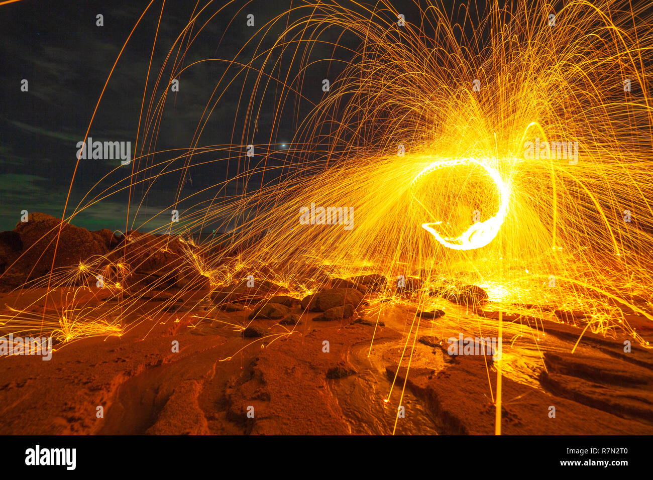 cool burning steel wool art fire work photo experiments on the beach at ...