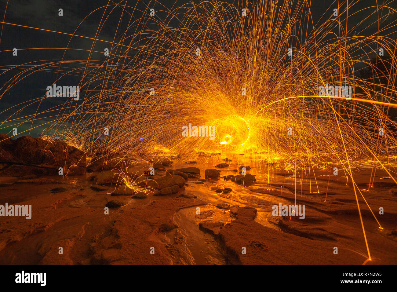 cool burning steel wool art fire work photo experiments on the beach at ...