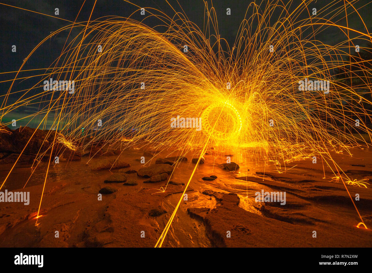 cool burning steel wool art fire work photo experiments on the beach at ...