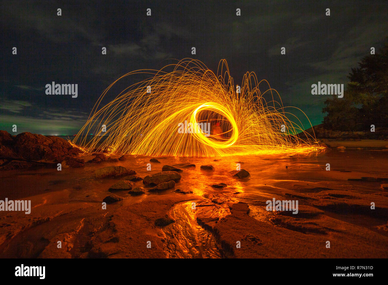 cool burning steel wool art fire work photo experiments on the beach at ...
