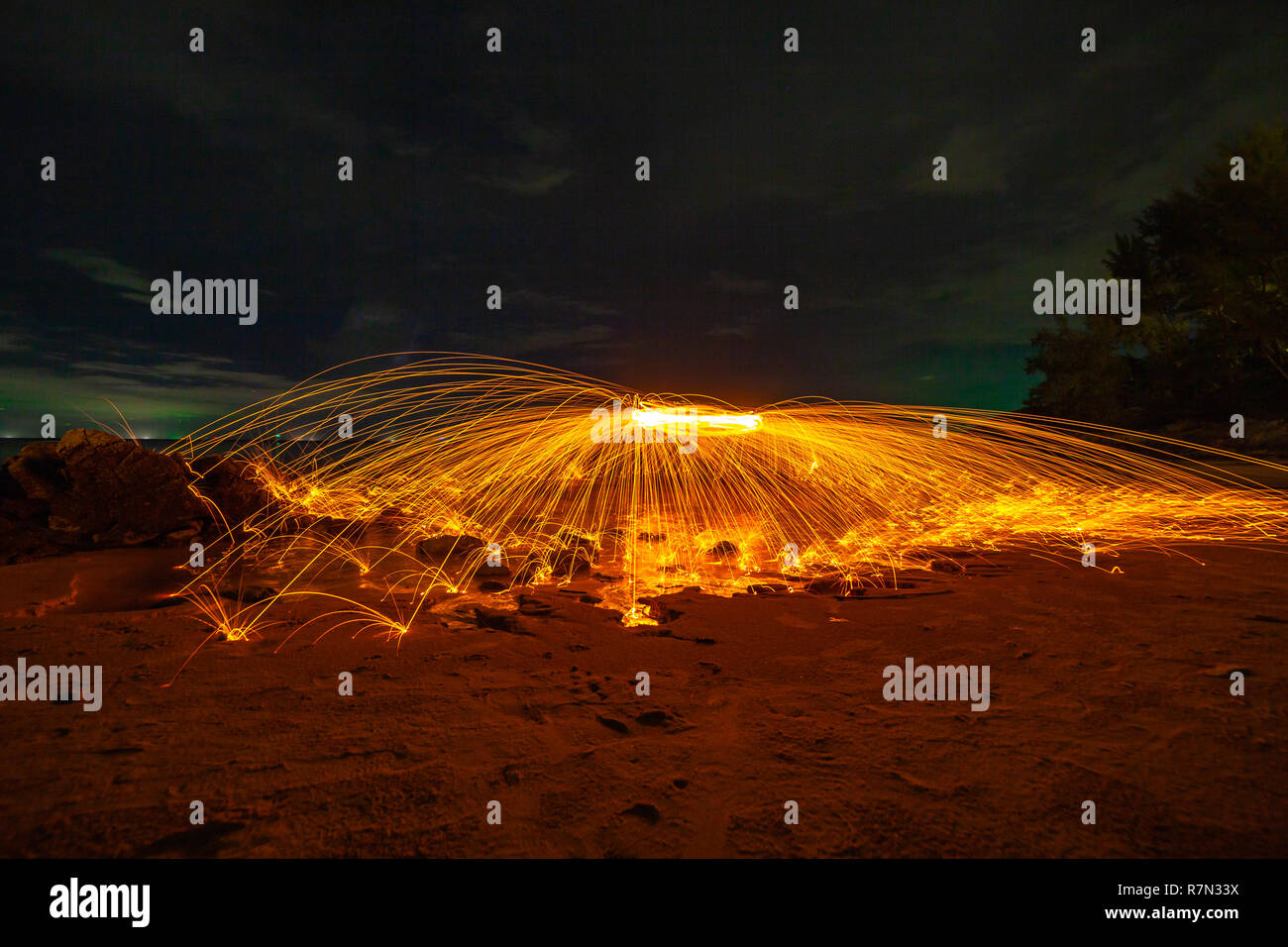 cool burning steel wool art fire work photo experiments on the beach at ...