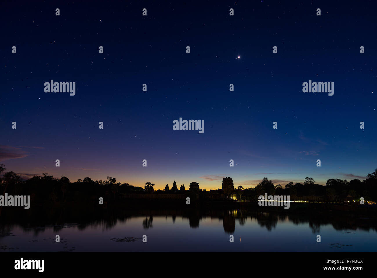 Angkor Wat night starry sky at dusk main facade silhouette reflection ...