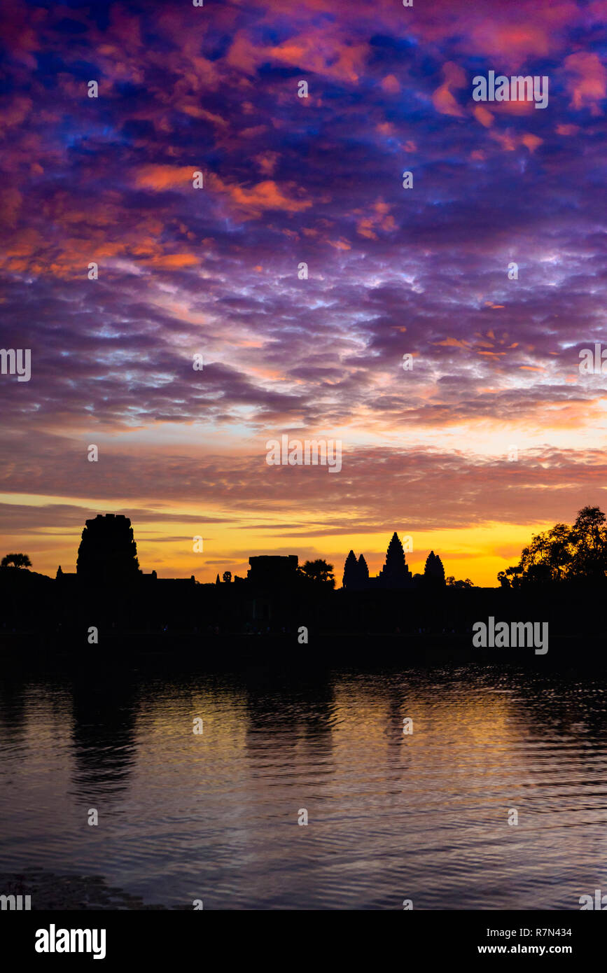 Angkor Wat night starry sky at dusk main facade silhouette reflection ...