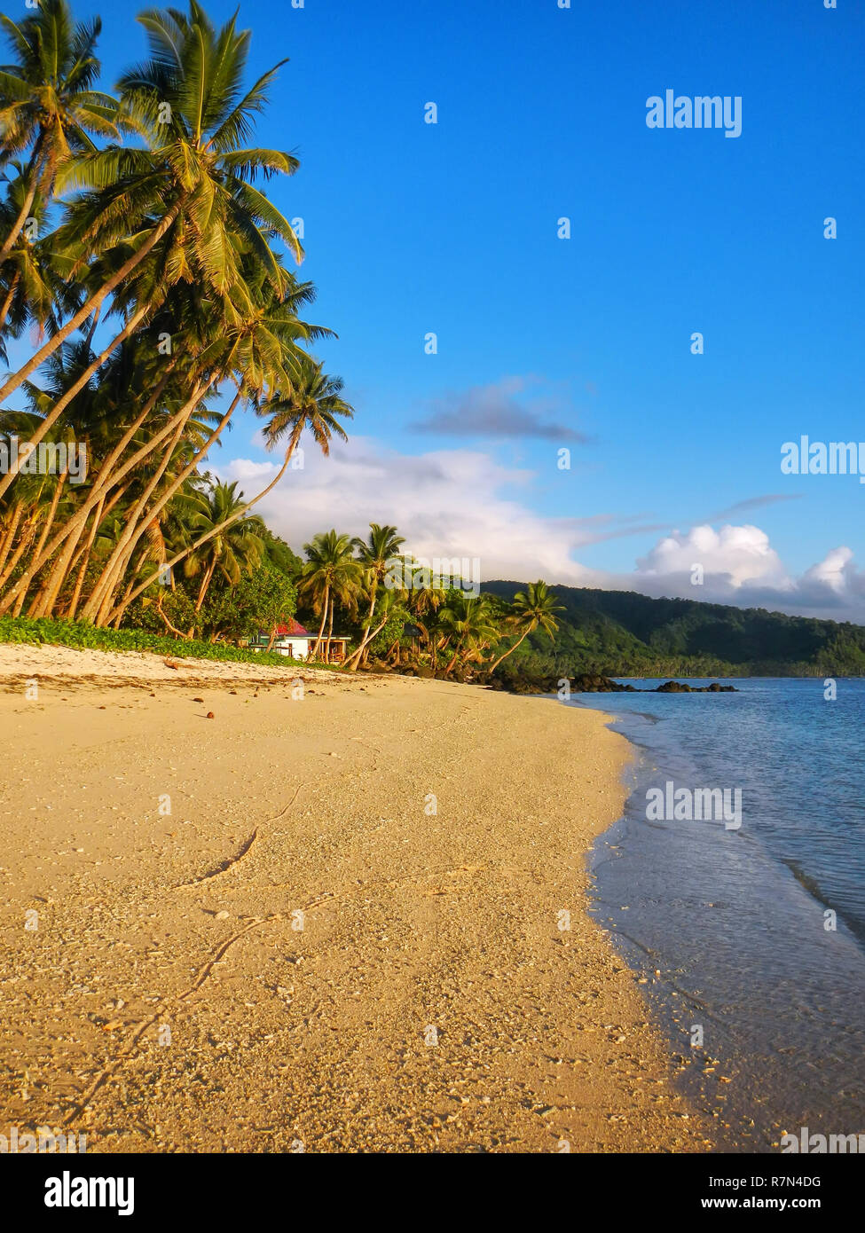 Sandy beach in Lavena village on Taveuni Island, Fiji. Taveuni is the ...