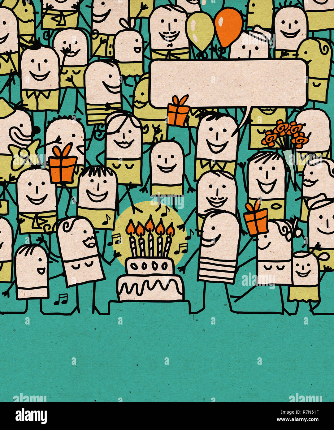 Hand drawn Cartoon People Crowd and Happy Birthday Time Stock Photo - Alamy