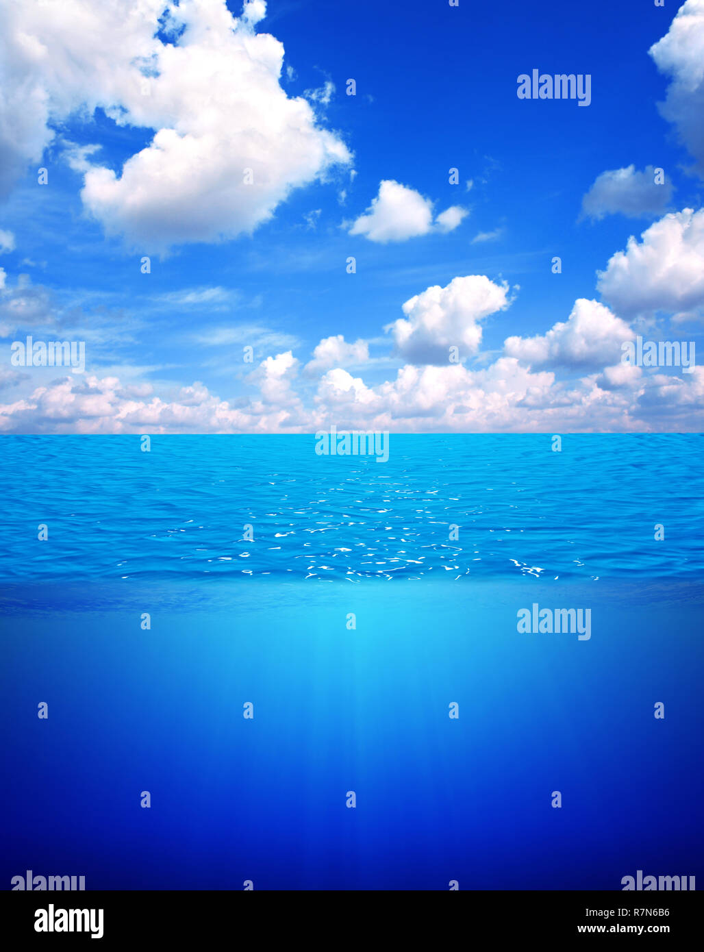 Underwater scene and blue sky with white clouds. Water surface split by ...
