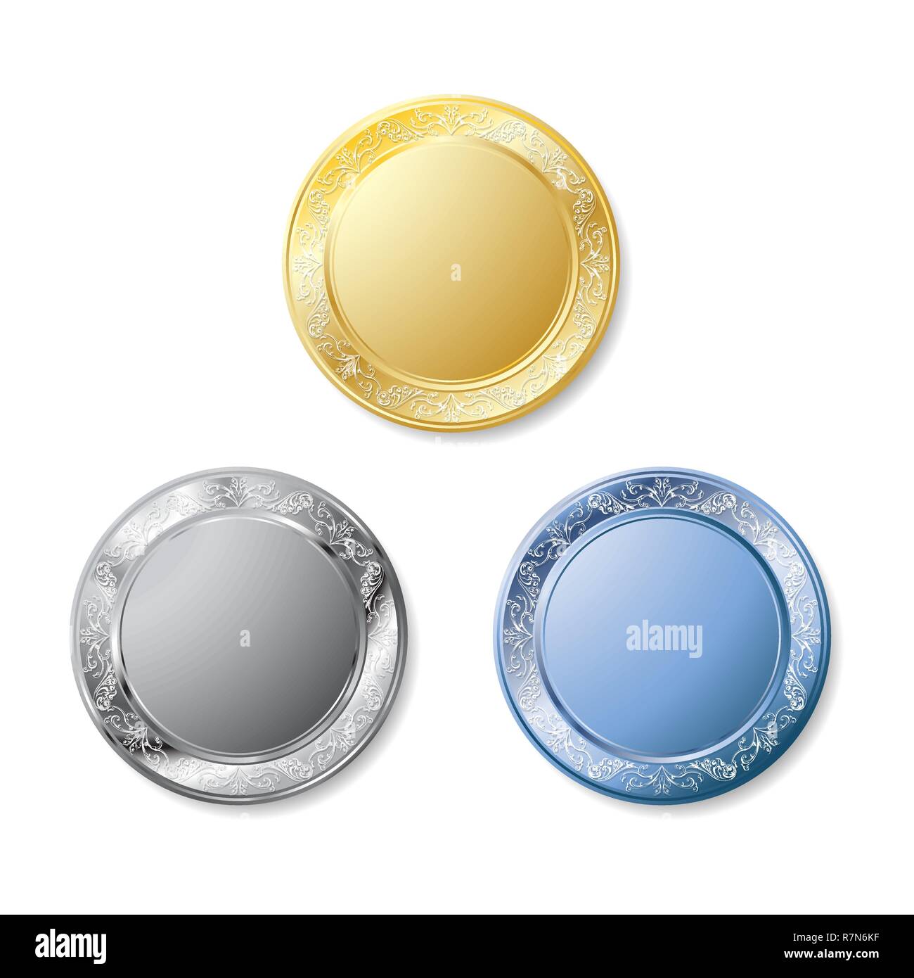 Set of three metal medals with floral pattern isolated on white ...