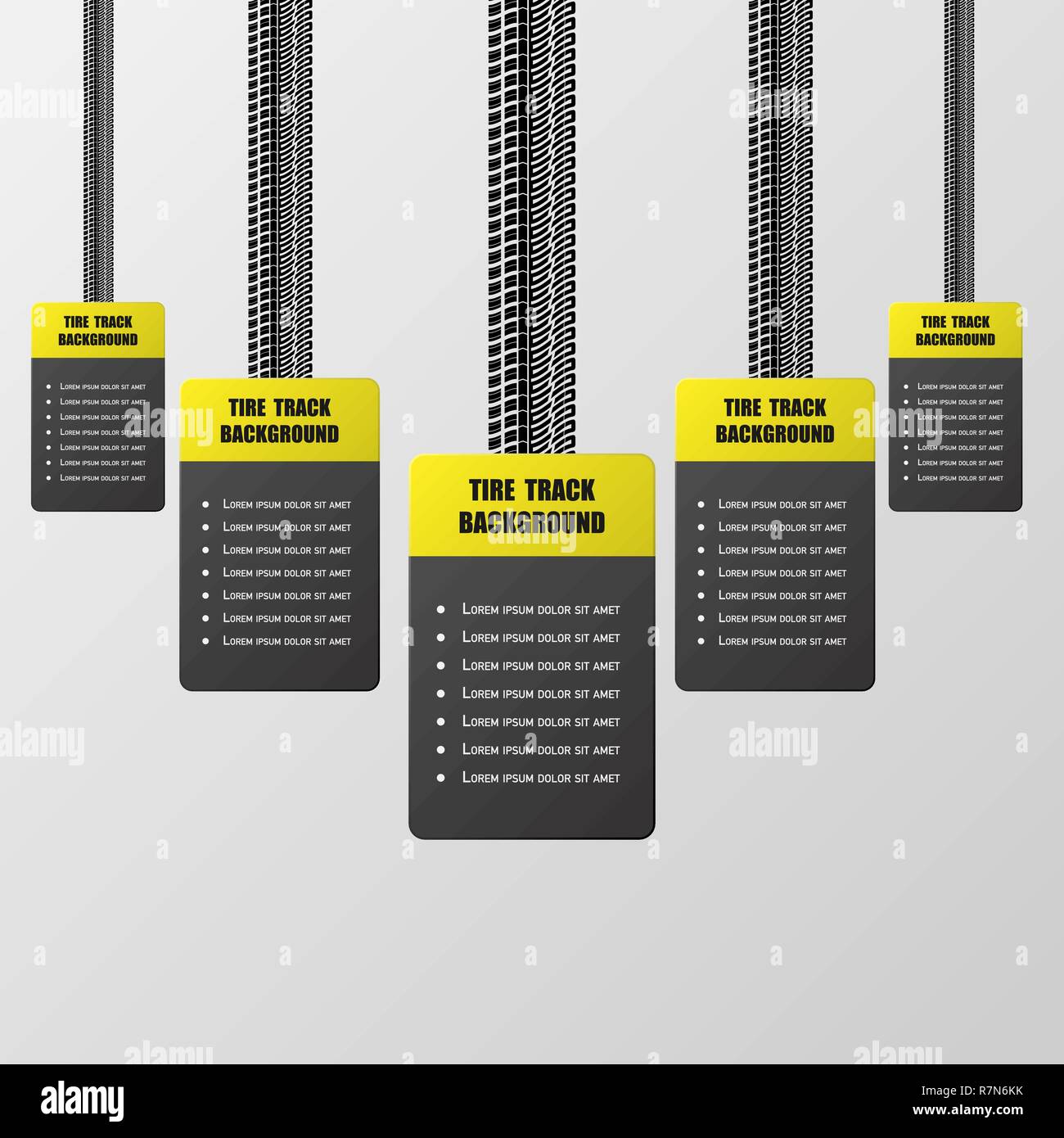 Five black and yellow labels with sample text and tire tracks Stock ...