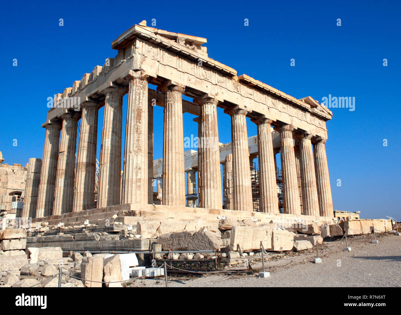 Parthenon on the Acropolis in Athens, Greece. On blue sky background ...