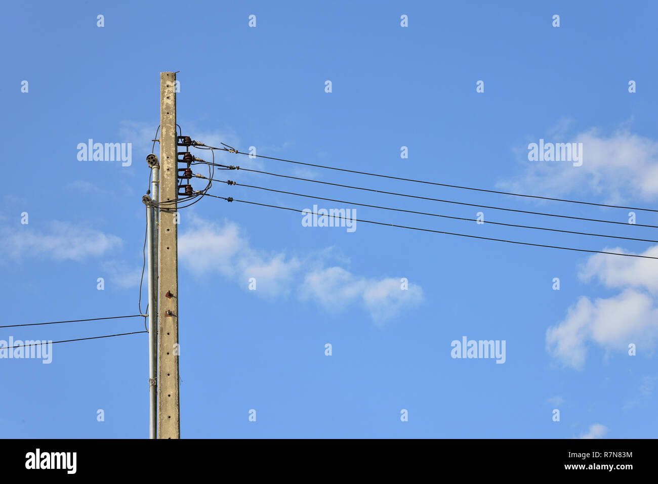 The cable and wires on electricity post Stock Photo - Alamy