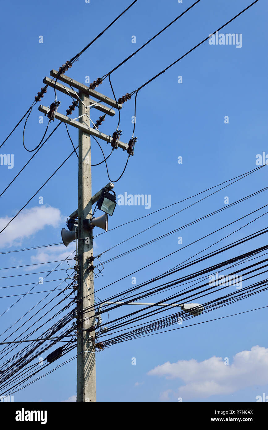 The cable and wires on electricity post Stock Photo - Alamy