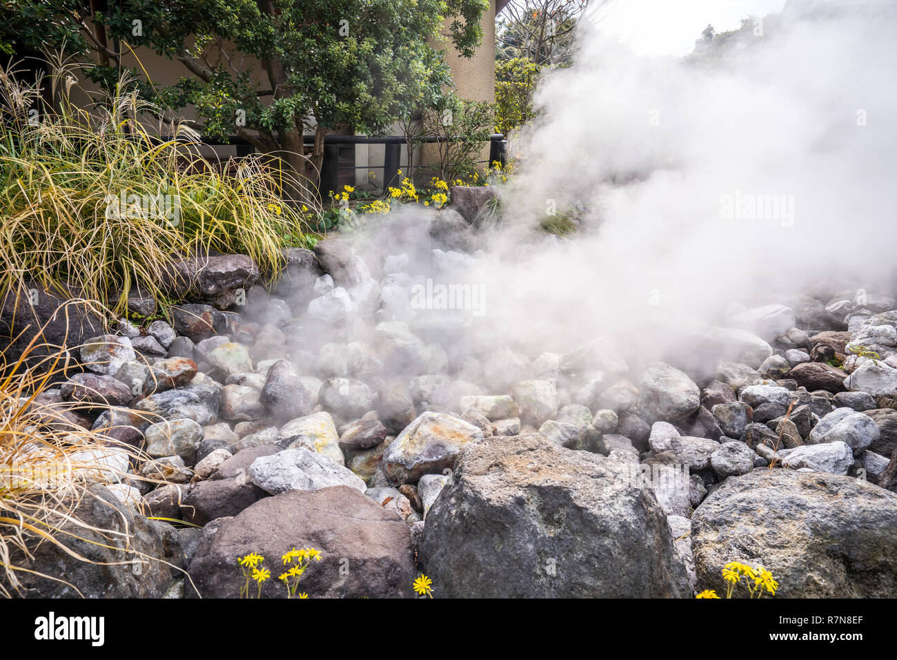 Oniishibozu Jigoku (Ghost Rock Monk Hell) pond in autumn, which is one ...