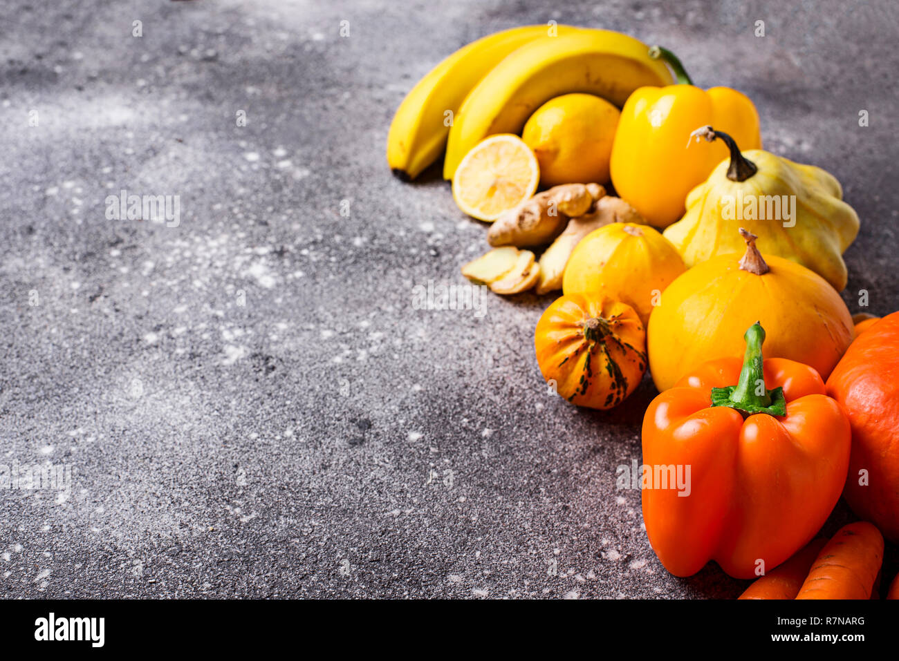 Assortment of yellow and orange fruits and vegetables Stock Photo - Alamy