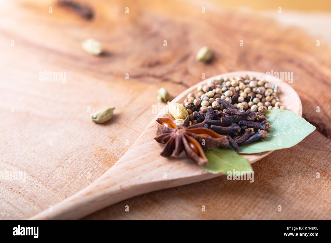 Exotic herbal Food concept Mix of the organic Spices cardamom pods, bay ...
