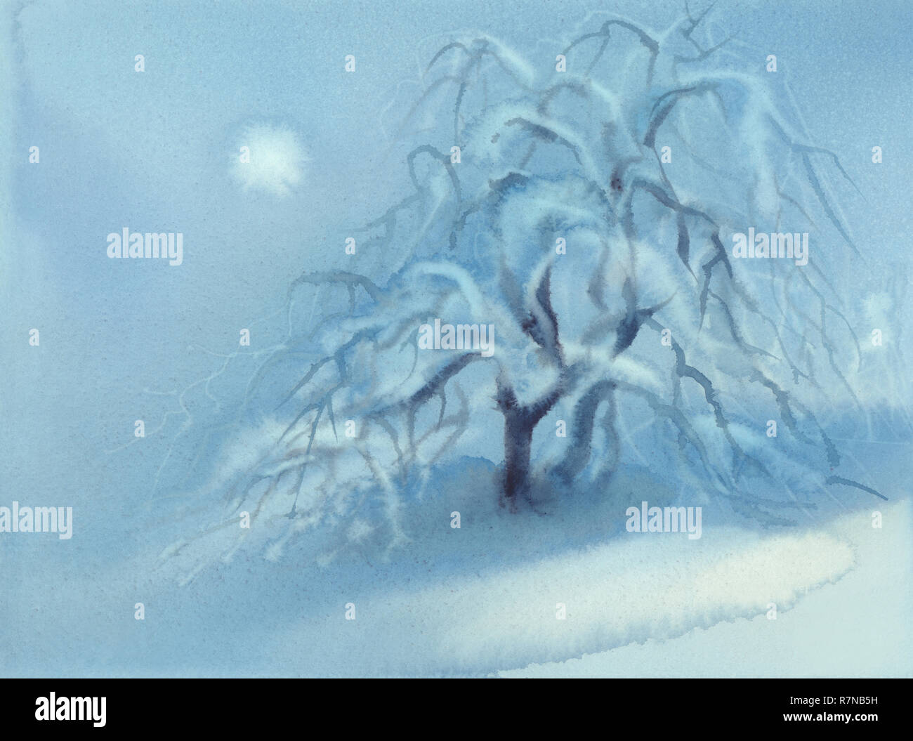 Winter landscape with frozen apple tree and snow. Watercolor ...