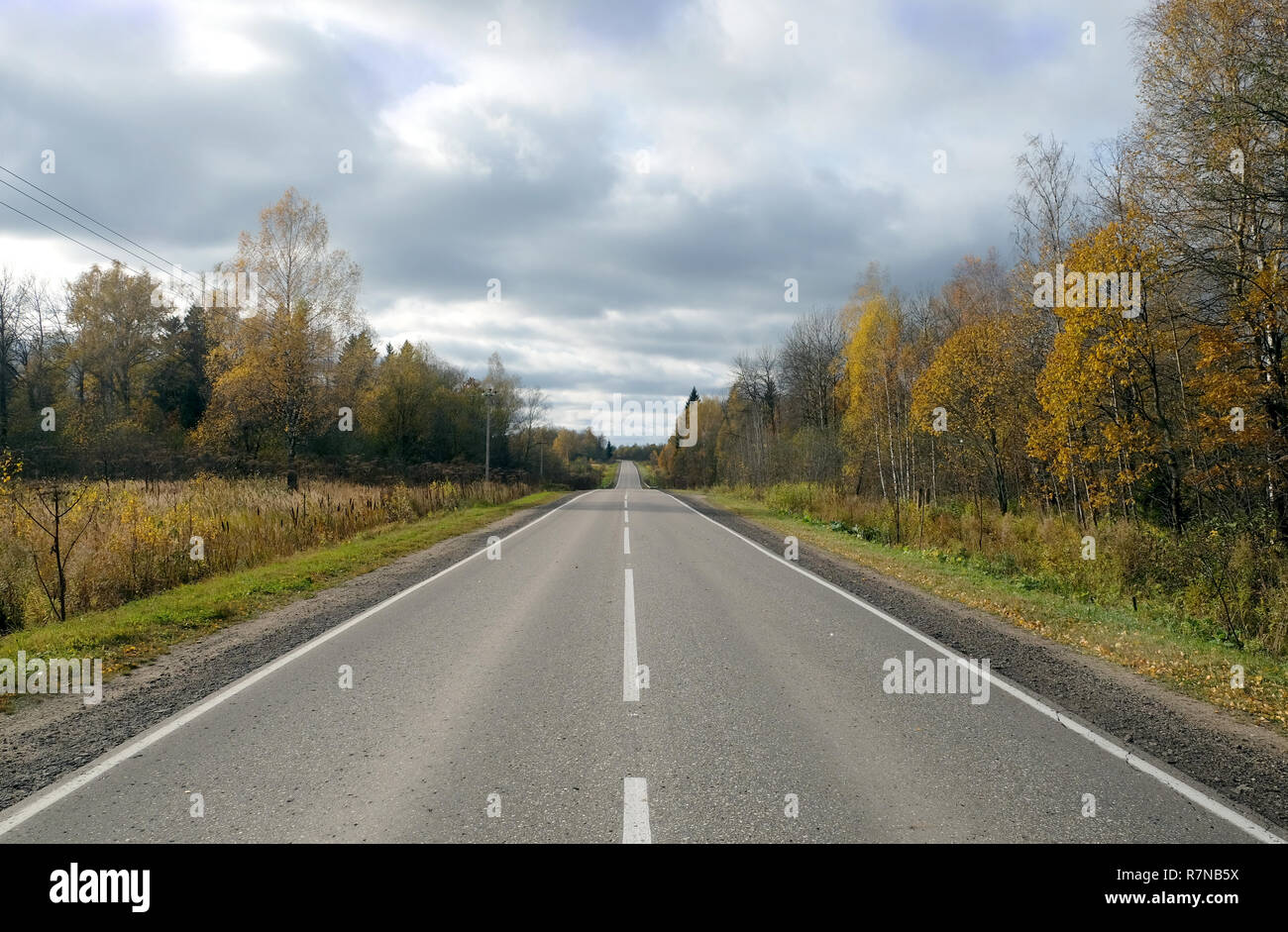 Golden autumn. Empty suburban road with new road markings under cloudy ...