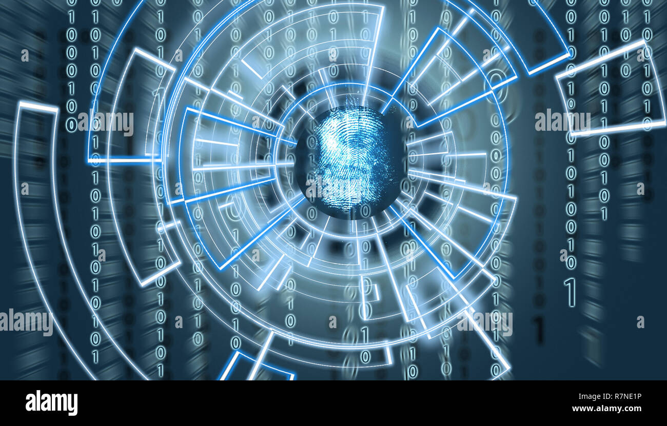abstract fingerprint om virtual screen with matrix code in the ...
