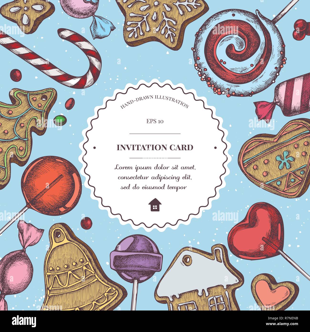 Vector composition with colored lollipop, candies, gingerbread Stock ...