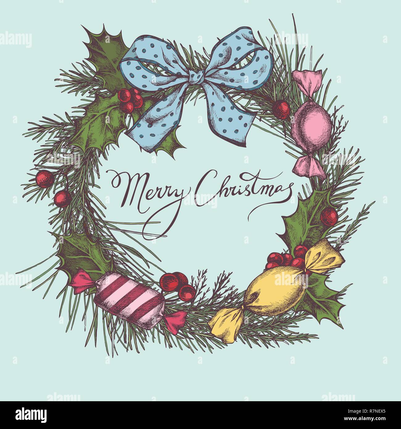 Vector composition with colored candies, holly, bow, rowan, lettering ...