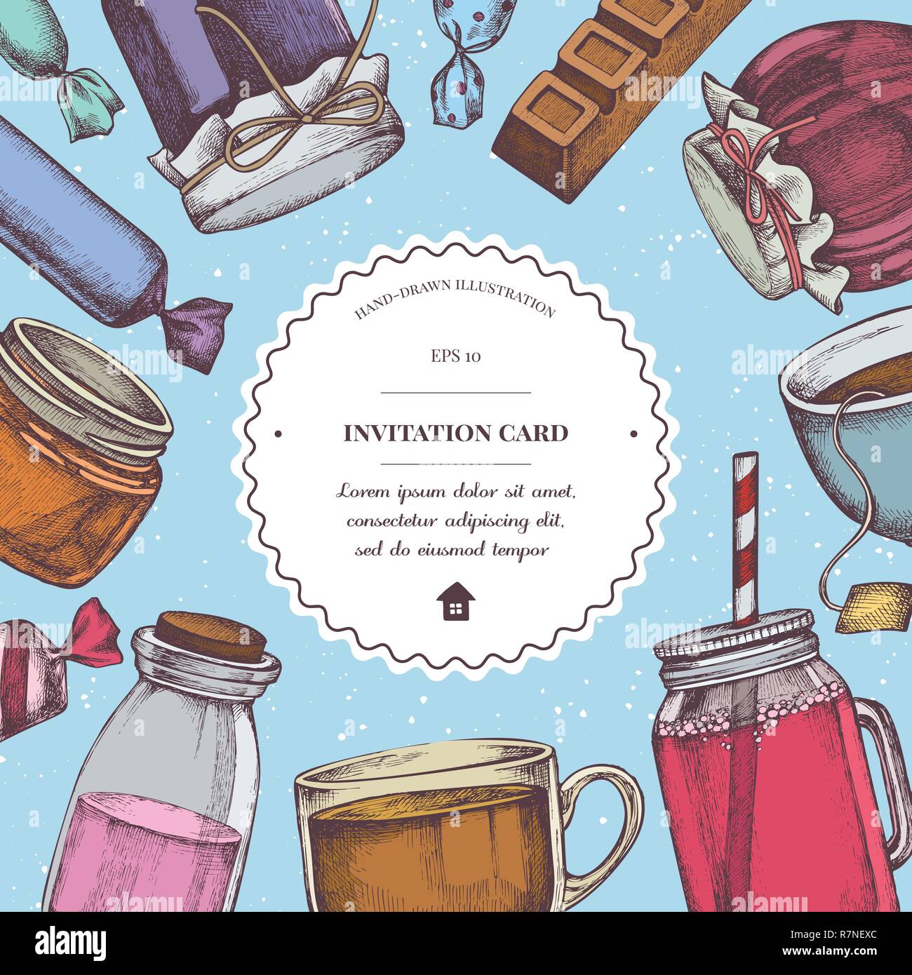 Vector composition with colored candies, jars, tea cup, bar Stock ...