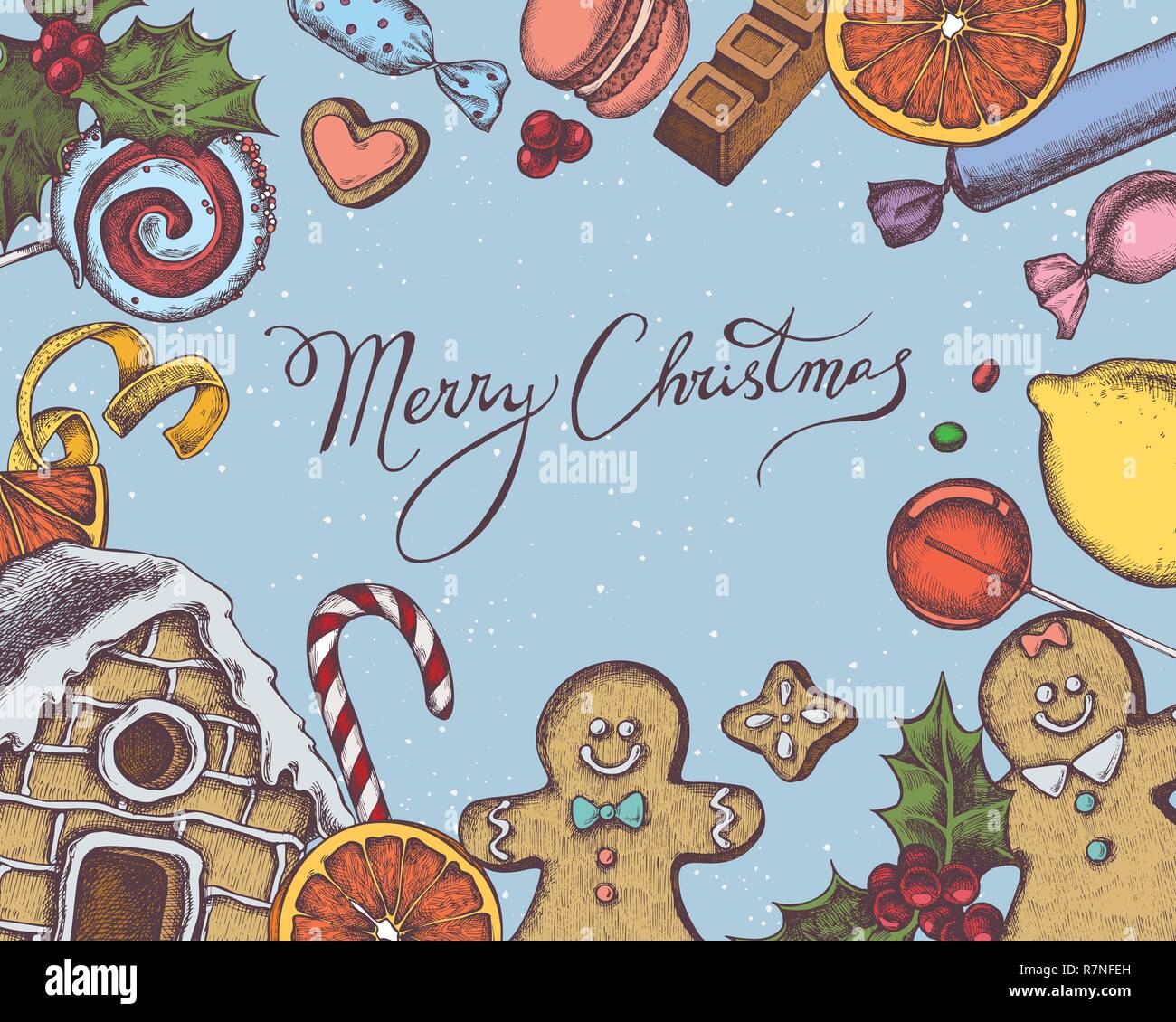 Vector composition with colored gingerbread men, gingerbread, macaron ...