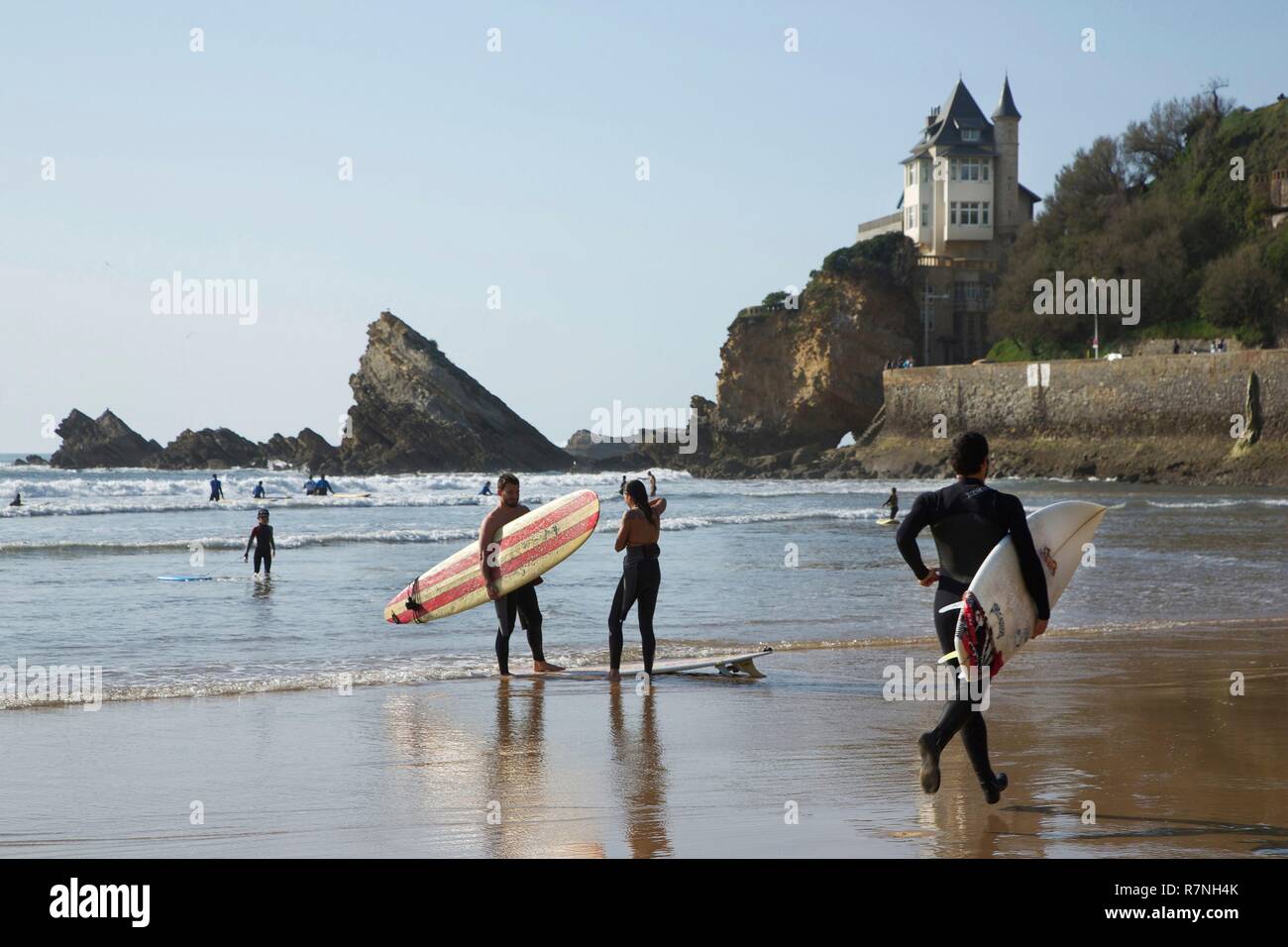 France, Pyrenees Atlantiques, Pays Basque, Biarritz, surfers on the ...
