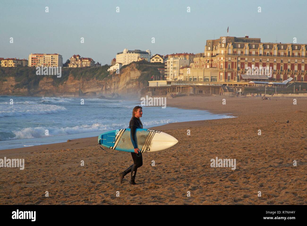 France, Pyrenees Atlantiques, Pays Basque, Biarritz, surfer on the ...