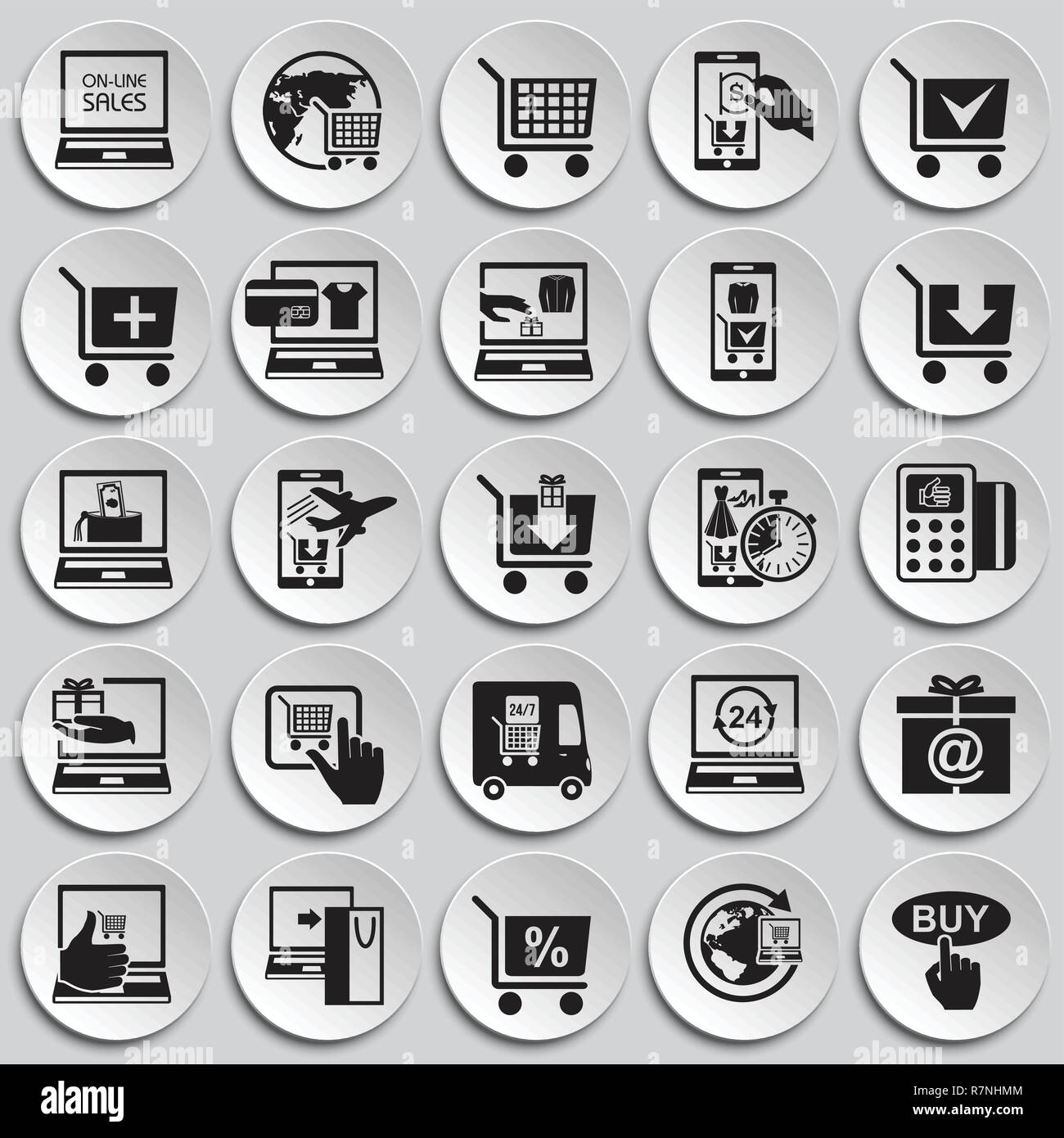 Online shopping icons set on plates background for graphic and web ...