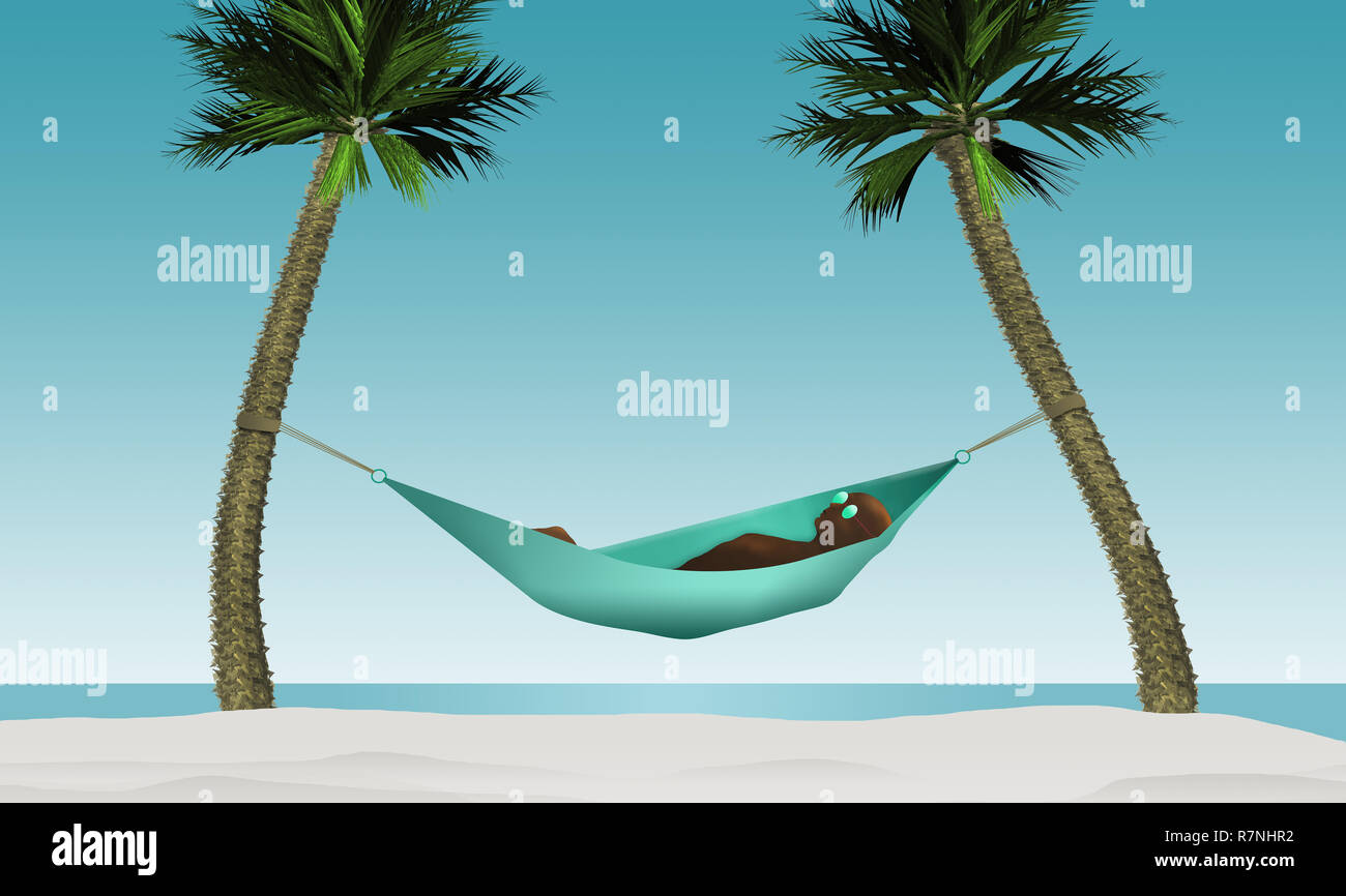 Here is a 3-D render illustration of a man lying in a hammock strung between two small palm ...