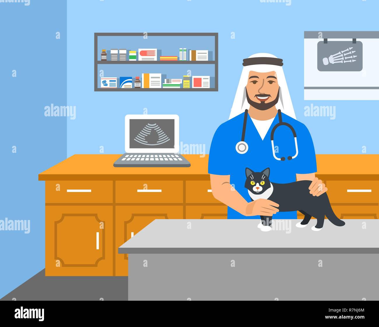 Veterinarian doctor arab man holds cat on examination table in vet ...