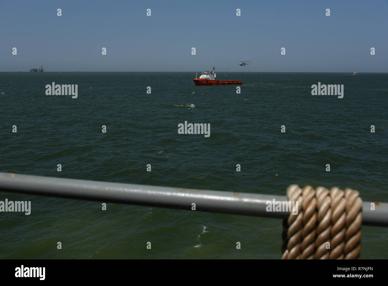 Fire fighting training exercises on the oil rig Lukoil Filanovsky at ...