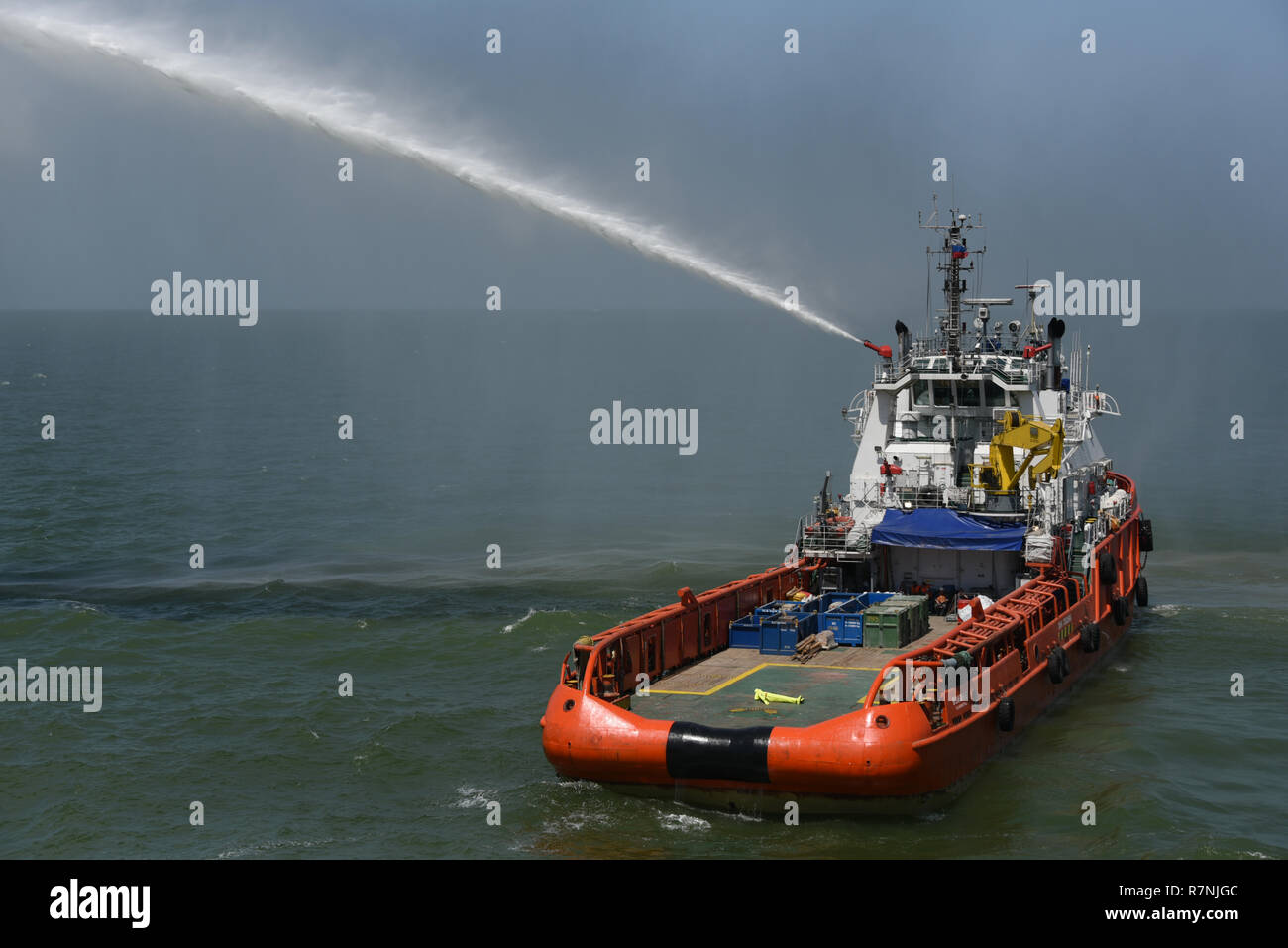 Fire fighting training exercises on the oil rig Lukoil Filanovsky at ...